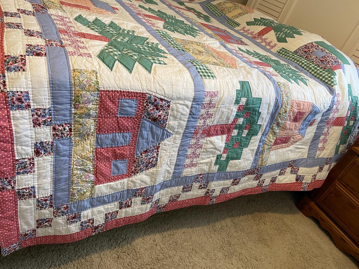 Vintage Arch Quilt Hand Stitched 80x82” Patchwork Spring Houses and ...