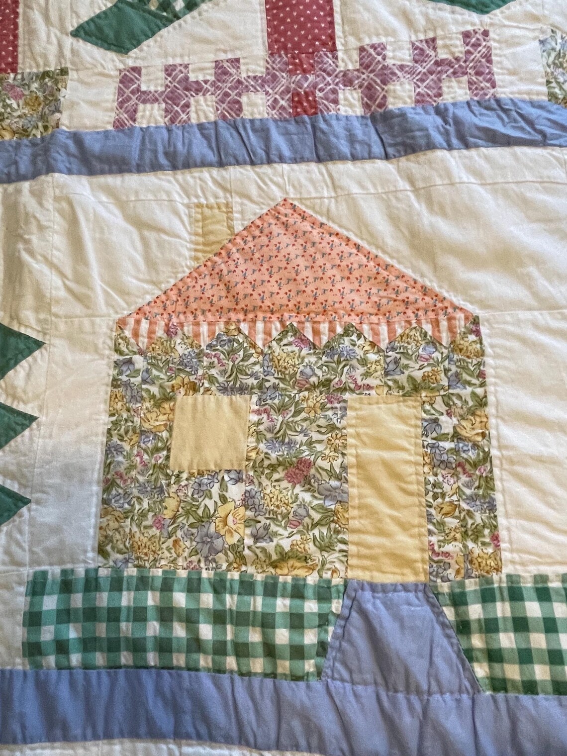 Vintage Arch Quilt Hand Stitched 80x82” Patchwork Spring Houses and ...