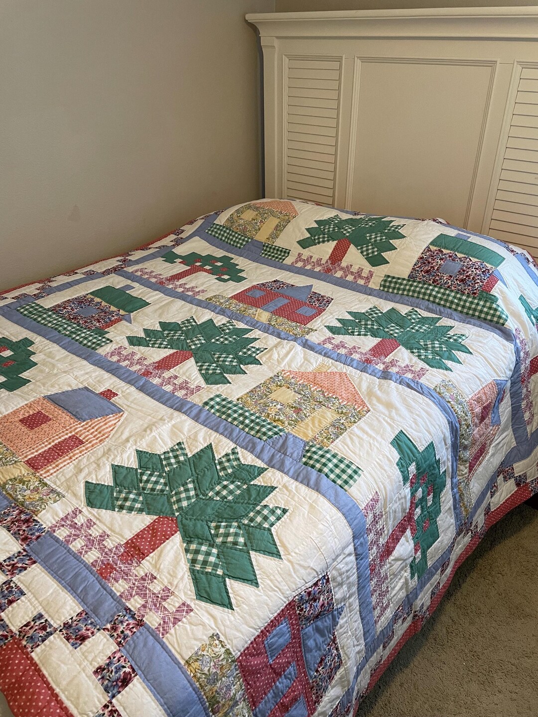 Vintage Arch Quilt Hand Stitched 80x82” Patchwork Spring Houses and ...