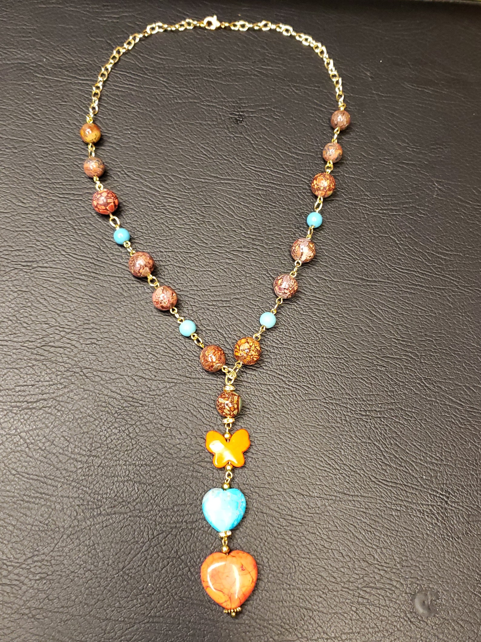 Orange, Blue and Brown Reconstructed Turquoise and Ceramic Beaded ...
