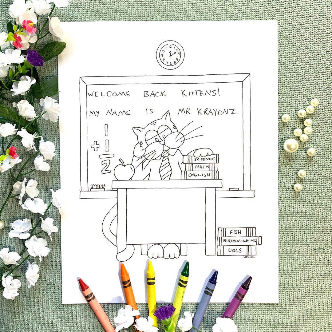 Cat Coloring Page - First Day of School (PDF Download) - Etsy