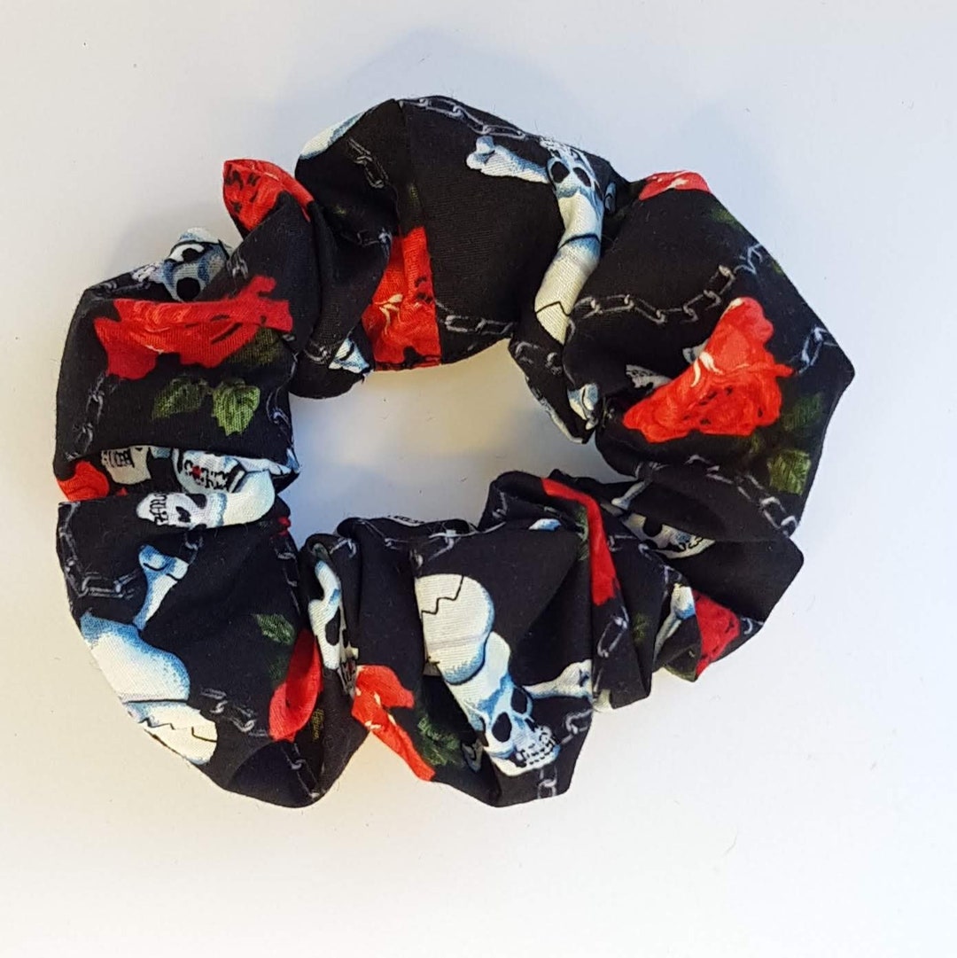 Handmade Skull and Red Rose Print Scrunchie, Hair Tie, Gothic Print ...