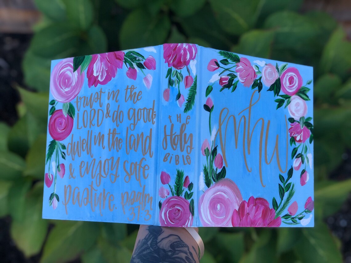 The Rose Bible // Hand Painted Bible // Floral // Blue Pink - Etsy