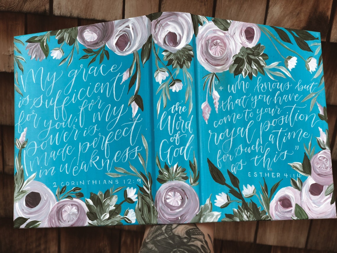 The Rose Bible // Hand Painted Bible // Floral // Blue Pink - Etsy