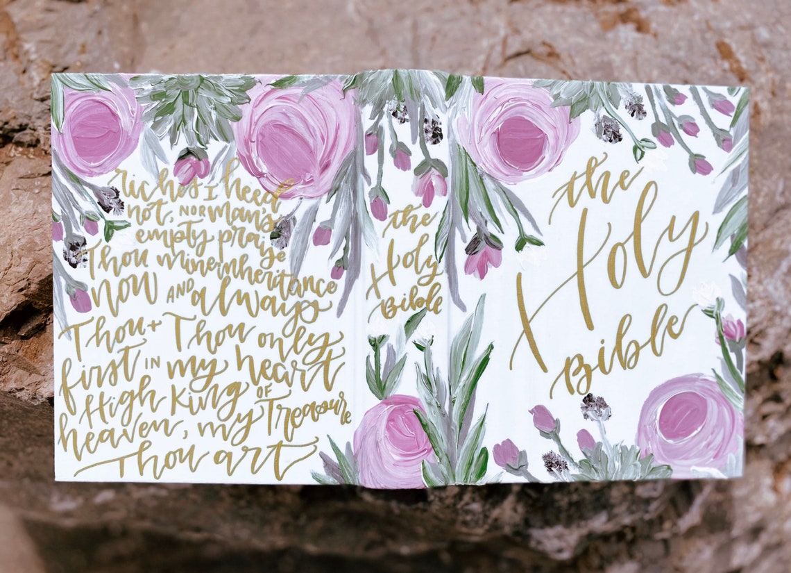 The Rose Bible // Hand Painted Bible // Floral // Blue Pink - Etsy