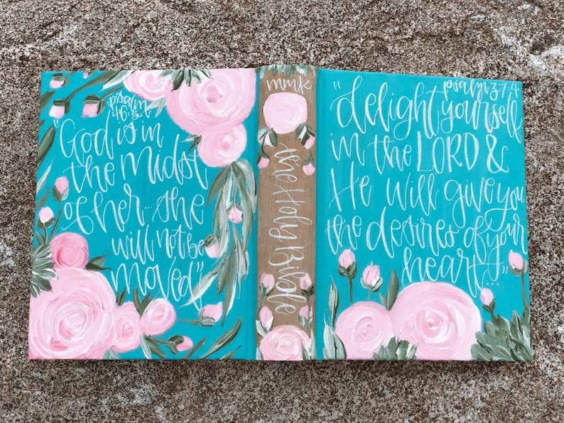 The Rose Bible // Hand Painted Bible // Floral // Blue Pink | Etsy