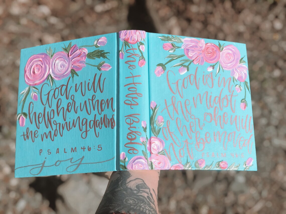 The Rose Bible // Hand Painted Bible // Floral // Blue Pink - Etsy