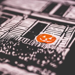 HALLOWEEN Lino Cut "homecoming", Haunted House With Pumpkin, Michael ...