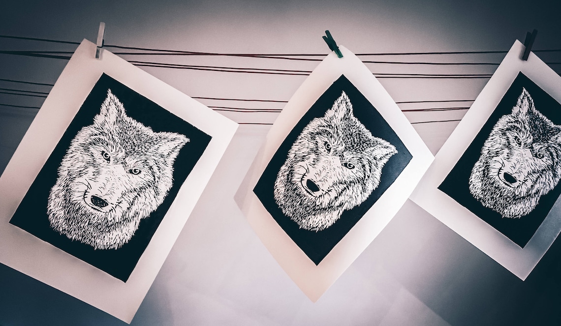WOLF Linocut Print Hand-made Linoleum Ink Painting Lino - Etsy