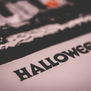 HALLOWEEN Lino Cut "homecoming", Haunted House With Pumpkin, Michael ...
