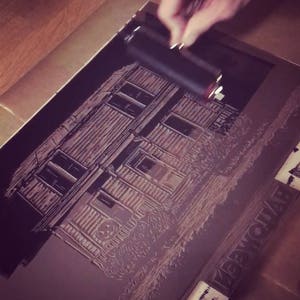 HALLOWEEN Lino Cut "homecoming", Haunted House With Pumpkin, Michael ...