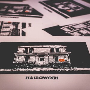 HALLOWEEN Lino Cut "homecoming", Haunted House With Pumpkin, Michael ...