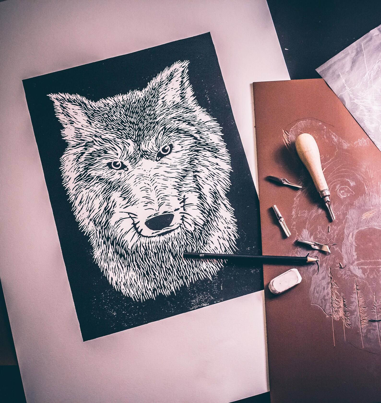 WOLF Linocut Print Hand-made Linoleum Ink Painting Lino - Etsy