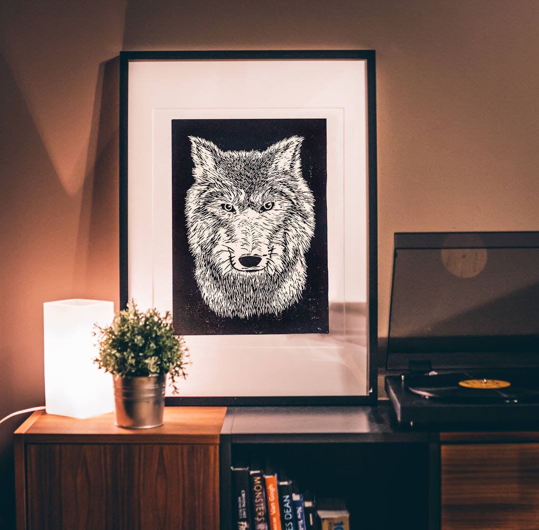 WOLF - Linocut Print, Hand-made, Linoleum Ink Painting, Lino Cut Dog ...