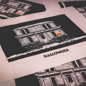 HALLOWEEN Lino Cut "homecoming", Haunted House With Pumpkin, Michael ...