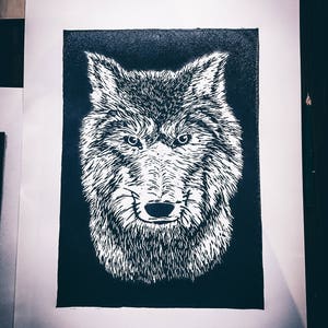 WOLF - Linocut Print, Hand-made, Linoleum Ink Painting, Lino Cut Dog ...
