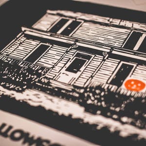 HALLOWEEN Lino Cut "homecoming", Haunted House With Pumpkin, Michael ...