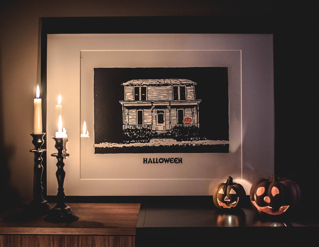 HALLOWEEN Lino Cut "homecoming", Haunted House With Pumpkin, Michael ...