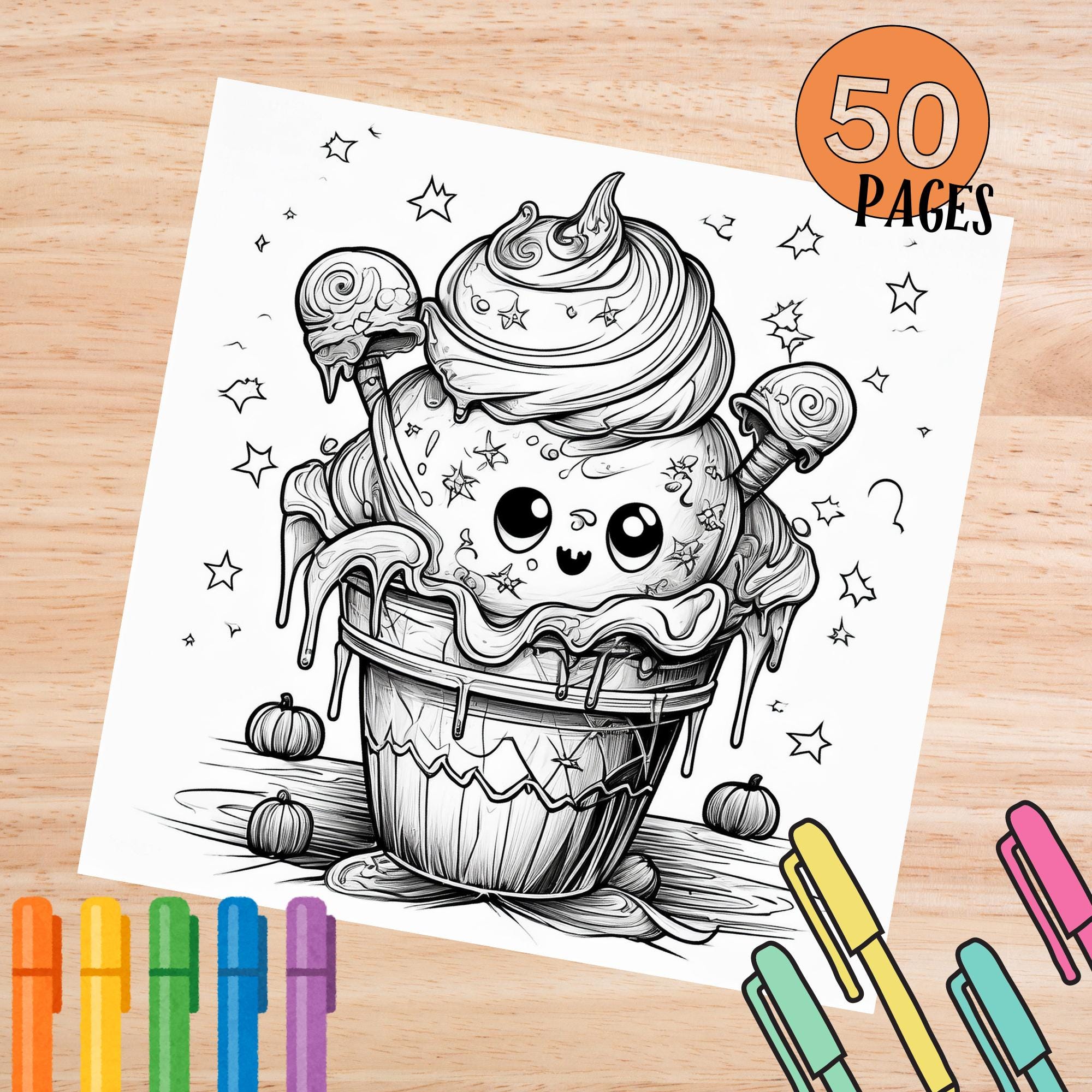 50 Spooky Ice Cream Halloween Coloring Page to Print Scary Grayscale ...