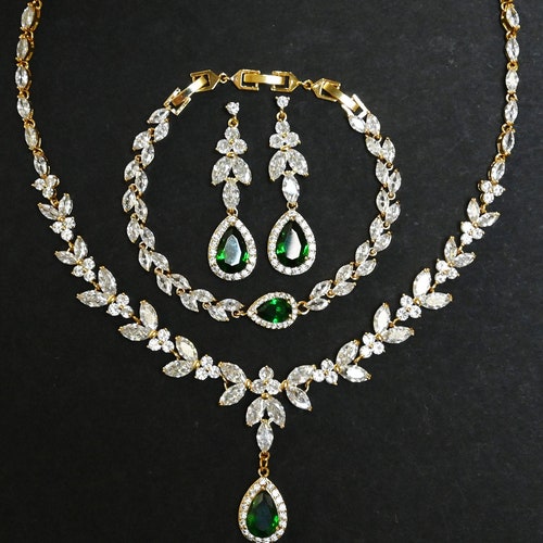 Emerald Bridal Jewelry Set Green Drop Earrings Necklace - Etsy