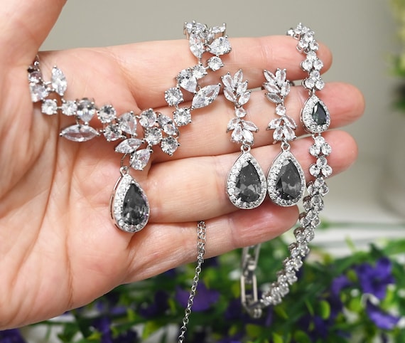 Gray Black 27 Charcoal Gray Bridal Wedding Jewelry Bridesmaid Gift Crystal Bracelet Gold Earrings Necklace Mother of the Bride Groom Prom Etsy