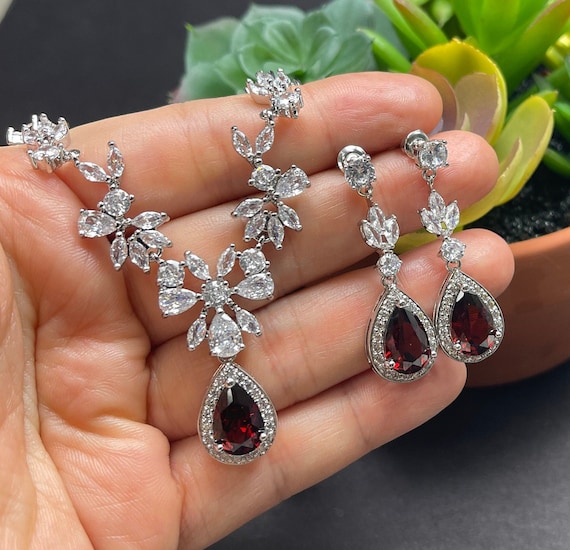 Bridal Jewelry set Bridal Earrings Necklace bracelet Wedding Jewelry Set burgundy dark red bridesmaid gifts silver Custom color 3LA BRAC Etsy