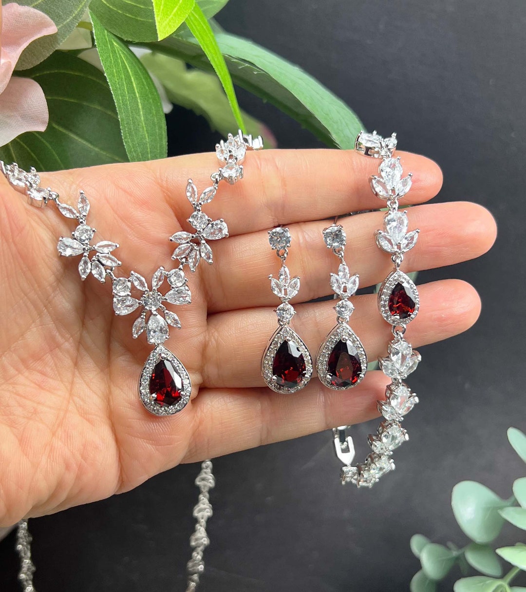 Red Bridal Jewelry Set, Burgundy Bridal Earrings,cz Necklace, Bridal ...