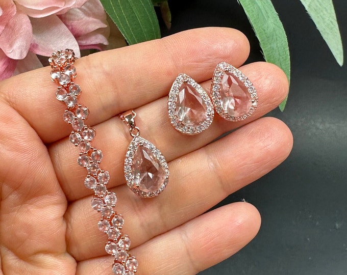 Rose Gold Necklace and Earrings for Wedding Day, Matching Jewellery Set ...