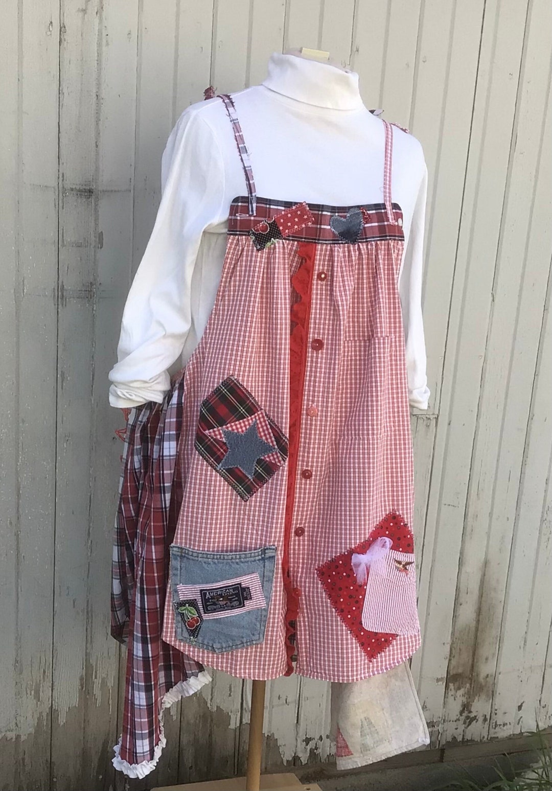 Women’s Upcycled Red and White Plaid Eco Friendly Tunic Pinafore M-XL ...
