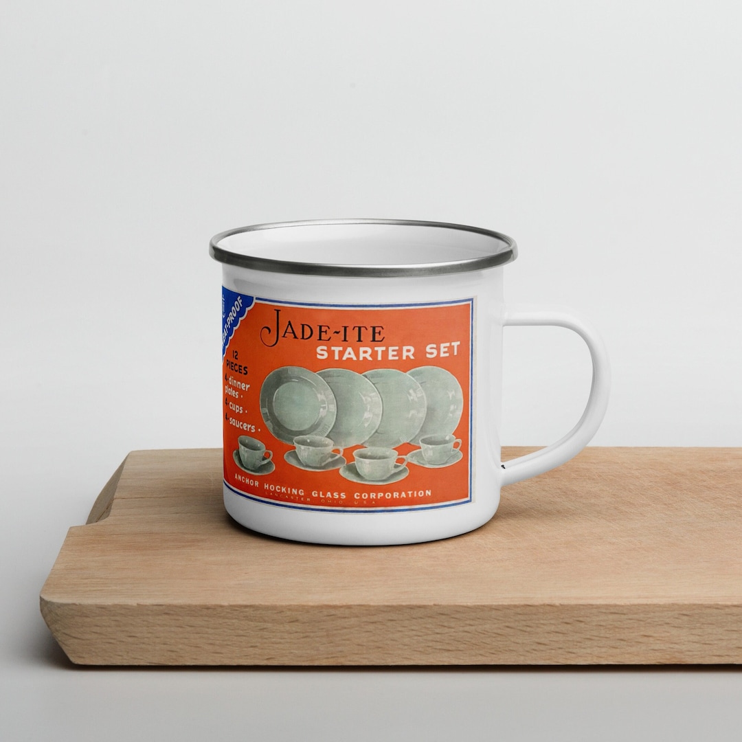 Vintage Jadeite Ad Mug, Fire King Jadite Box Label Enamel Coffee Cup ...