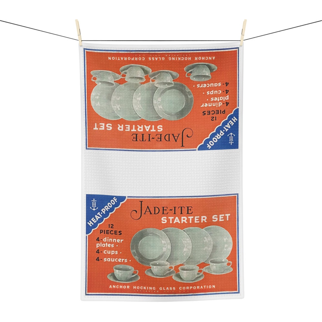 Vintage Jadeite Starter Set Ad Kitchen Tea Towel, Anchor Hocking Fire ...