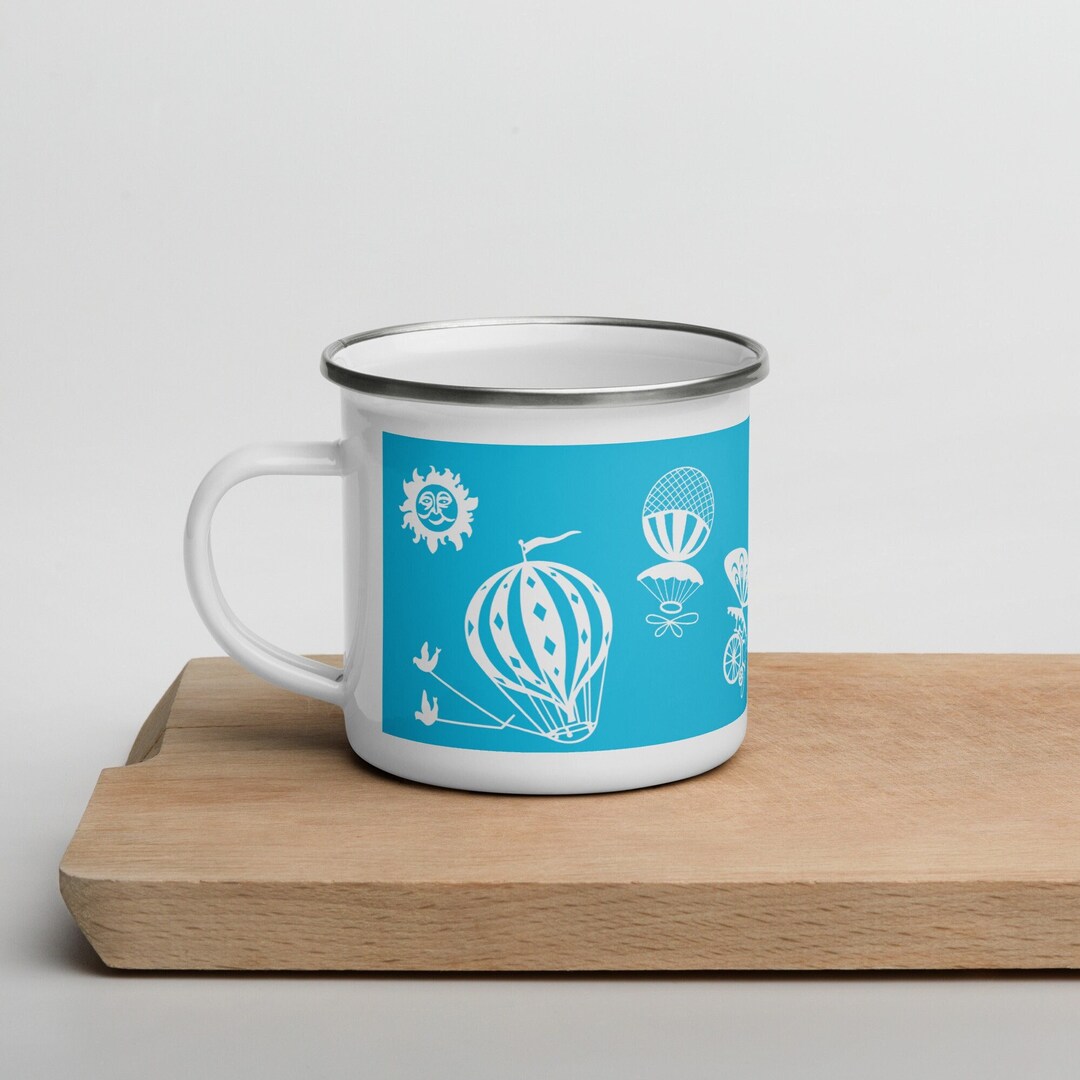 Vintage Pyrex Mug, Turquoise Blue Hot Air Balloon Enamel Coffee Cup ...