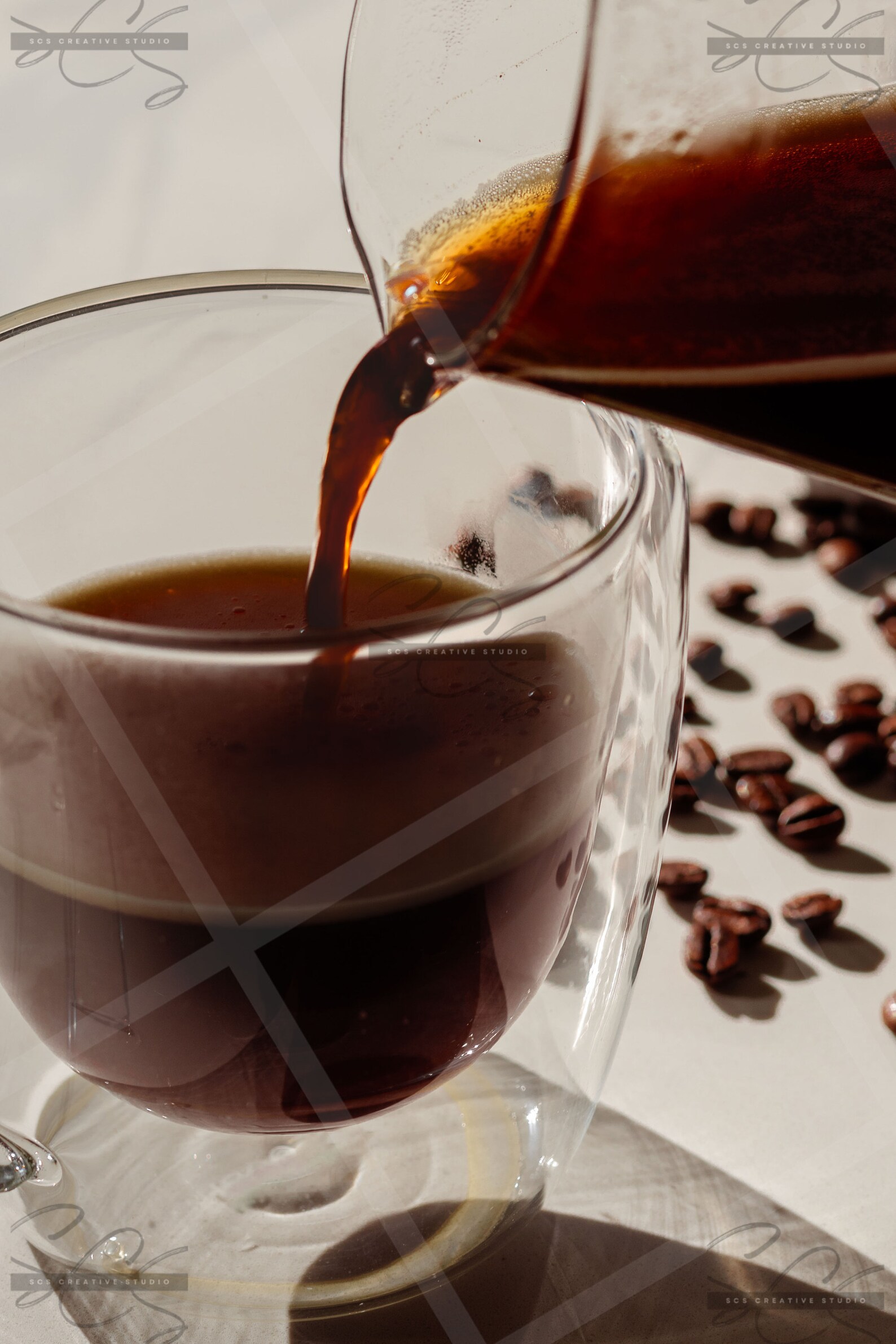 Coffee Pour Into Half Full Glass Mug Styled Stock Photo | Lifestyle ...