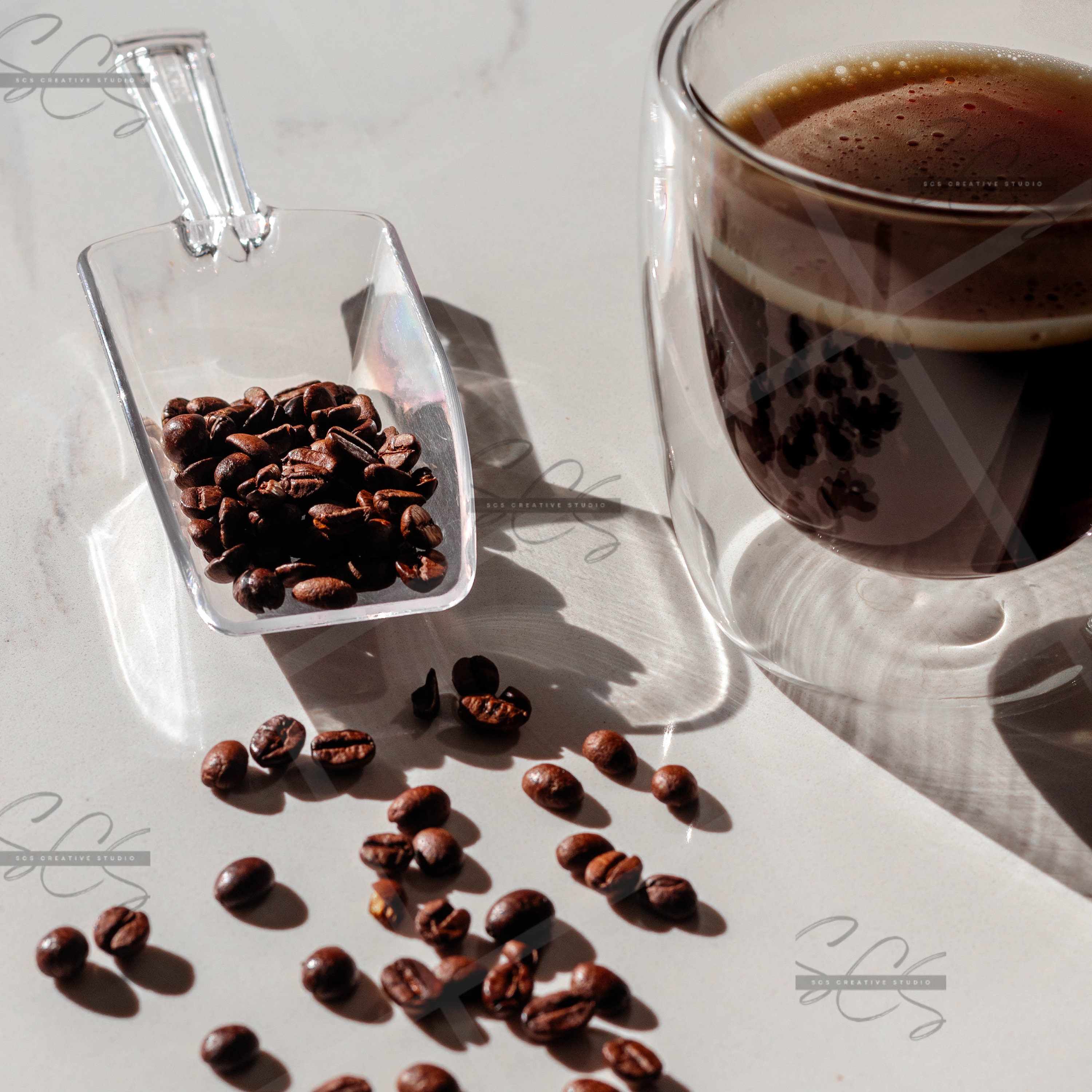 Glass Coffee Mug & Coffee Beans Styled Stock Photo | Lifestyle Styled ...