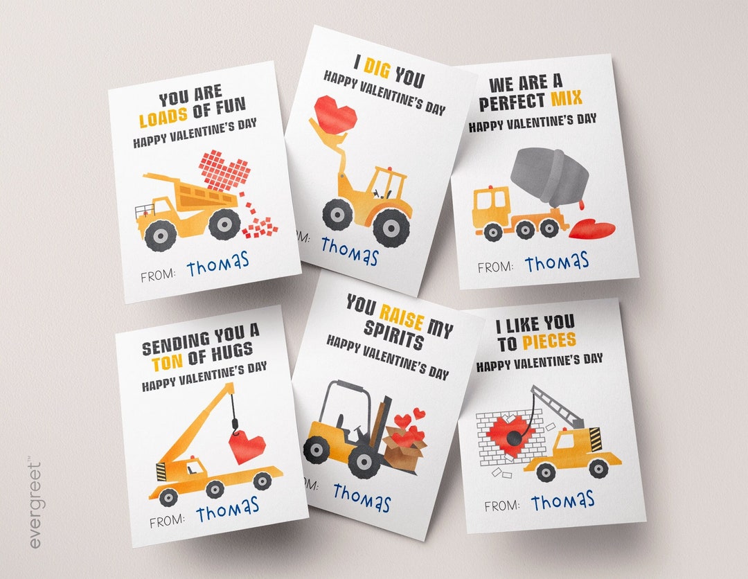 Kids Valentine Cards | INSTANT DOWNLOAD | Construction Vehicles ...