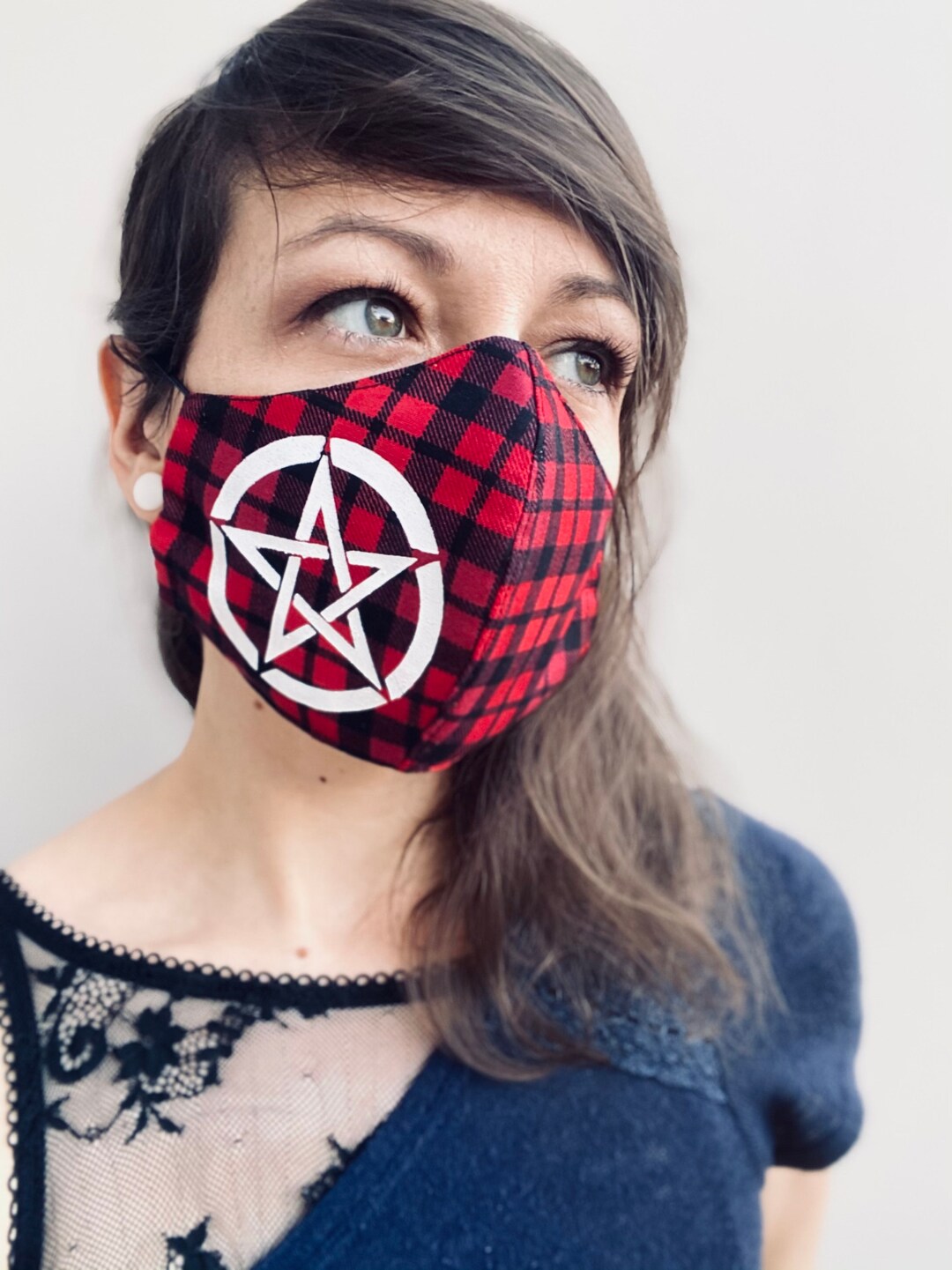 Reusable Plaid Pentagram Cotton Face Mask With Optional Pocket Men ...