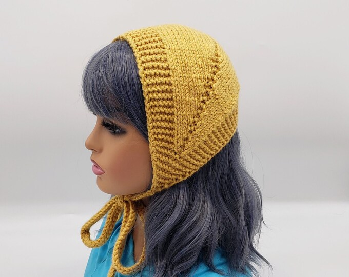 Woman Yellow Bonnet. Hand Knit Retro Wool Hat. Vintage 1950s. Bonnet ...