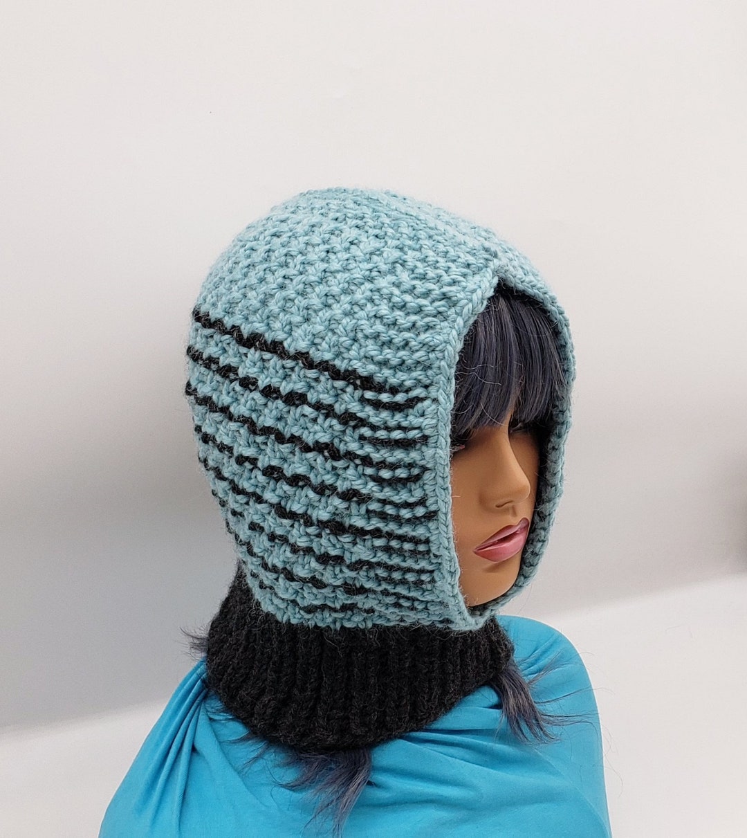 Hand Knitted Wool Hood: Dark Gray & Light Blue Cowl - Etsy