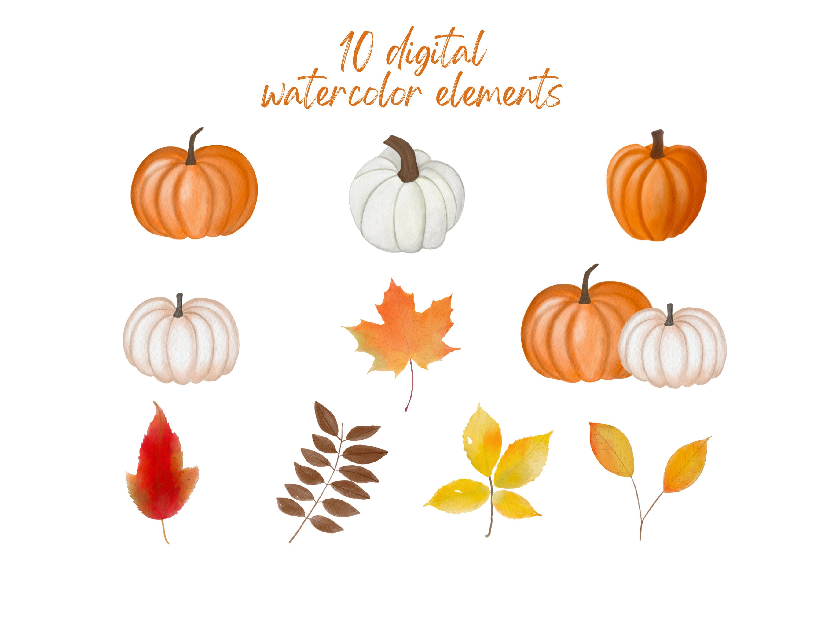 Watercolor Fall Pumpkins Clipart, Fall Orange Leaves Clipart ...