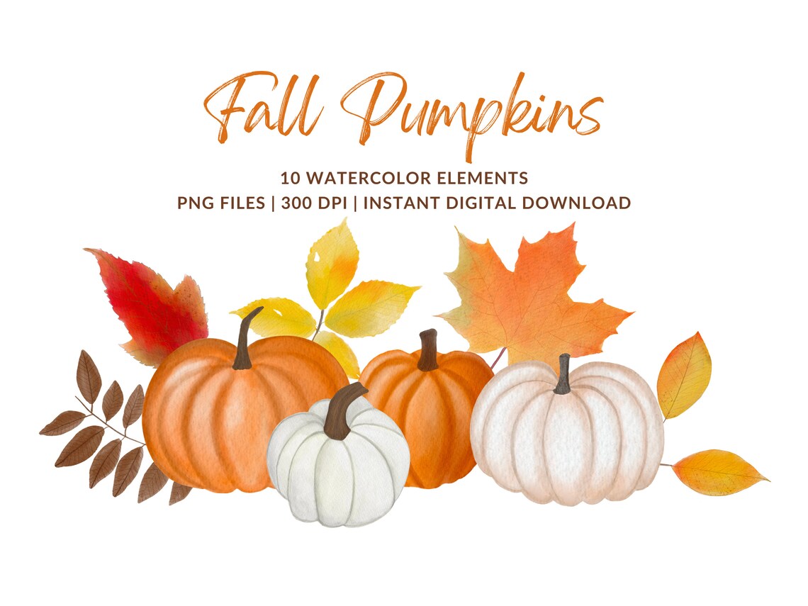 Watercolor Fall Pumpkins Clipart, Fall Orange Leaves Clipart ...