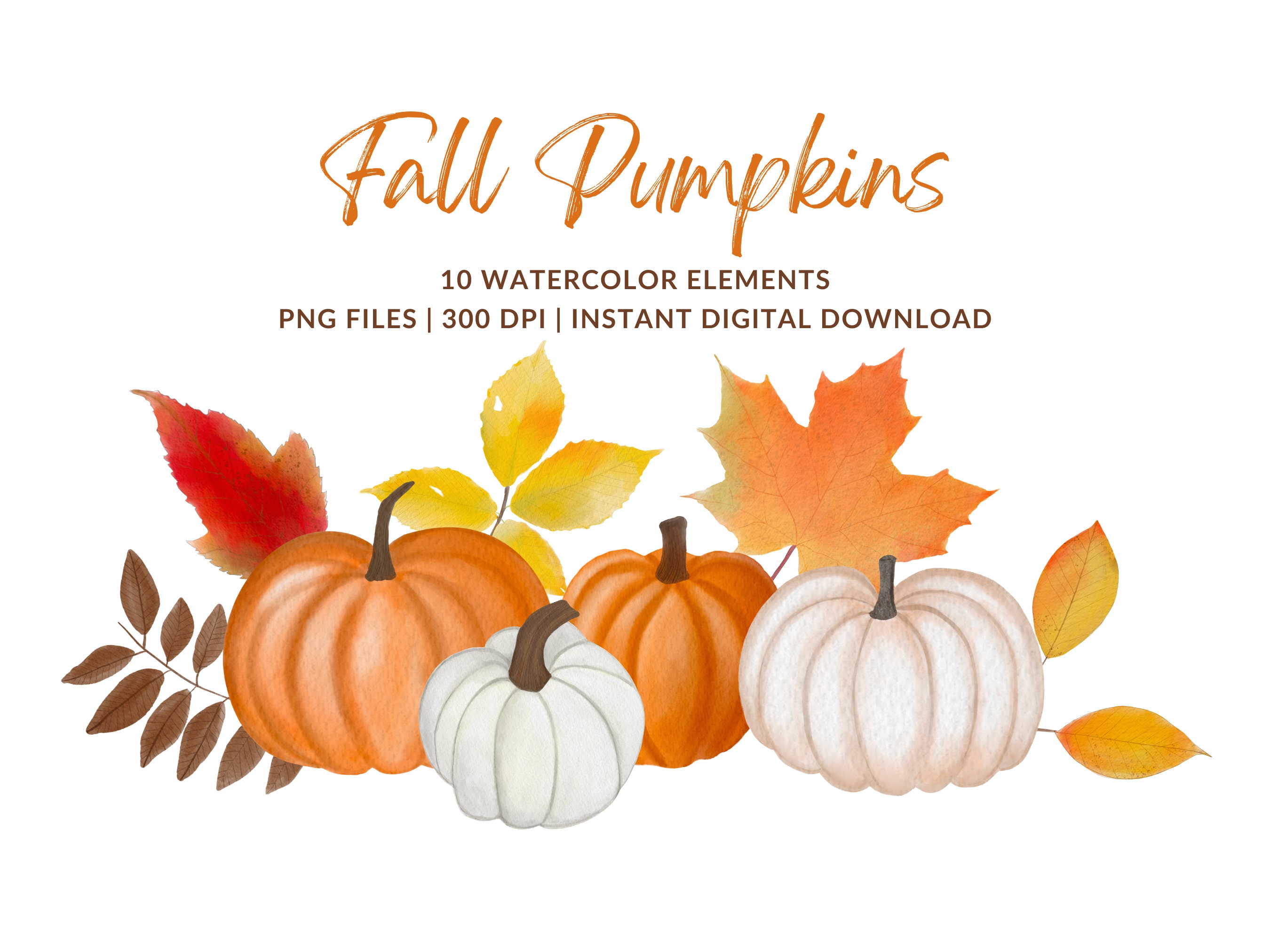 Watercolor Fall Pumpkins Clipart, Fall Orange Leaves Clipart ...