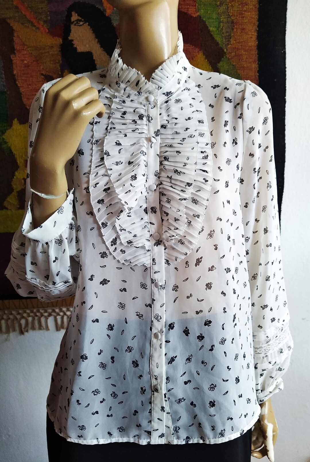 Frill Blouse With Floral Motifs/black and White Blouse - Etsy
