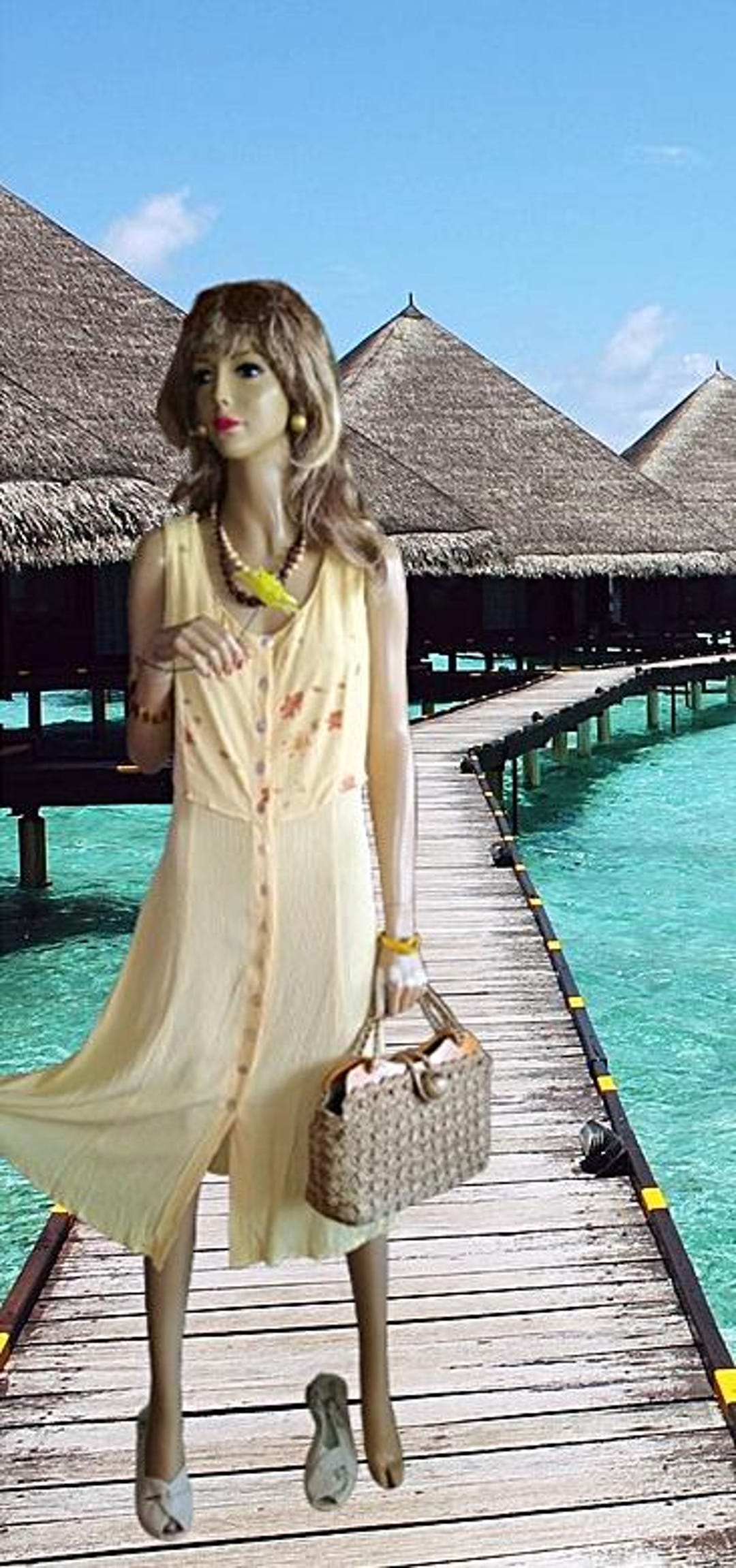 Yellow Long Dress With Floral Pattern/pearl Buttons - Etsy
