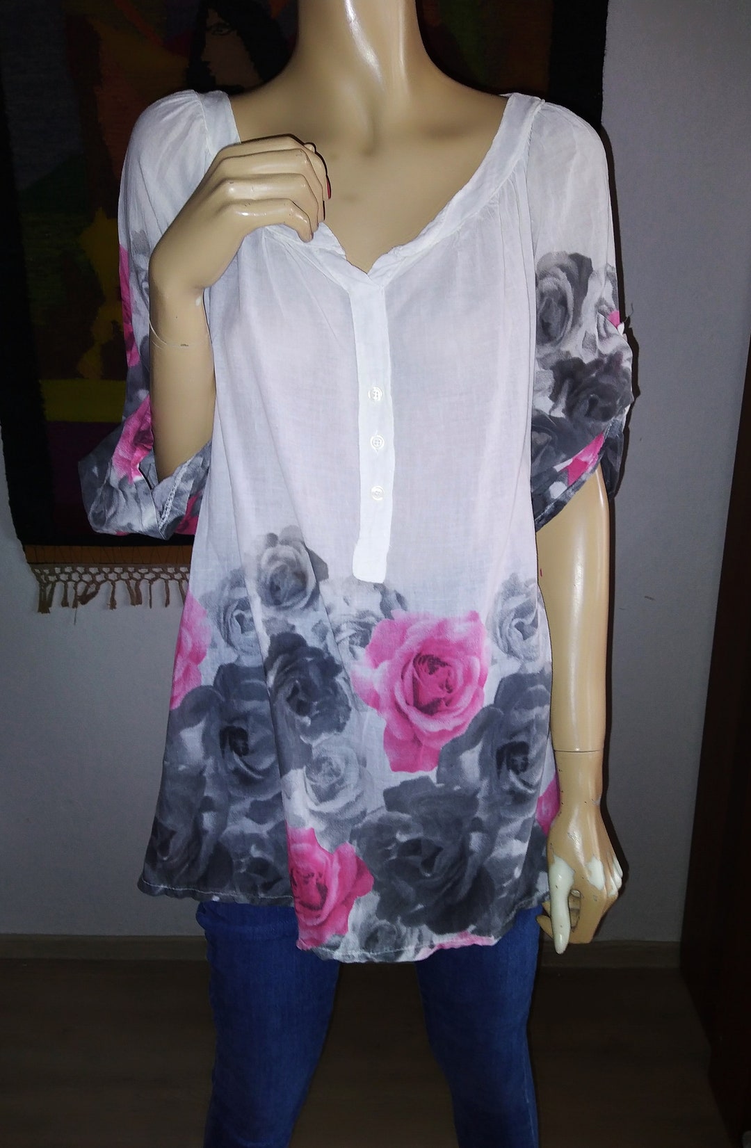 100% Cotton Blouse With Roses - Etsy