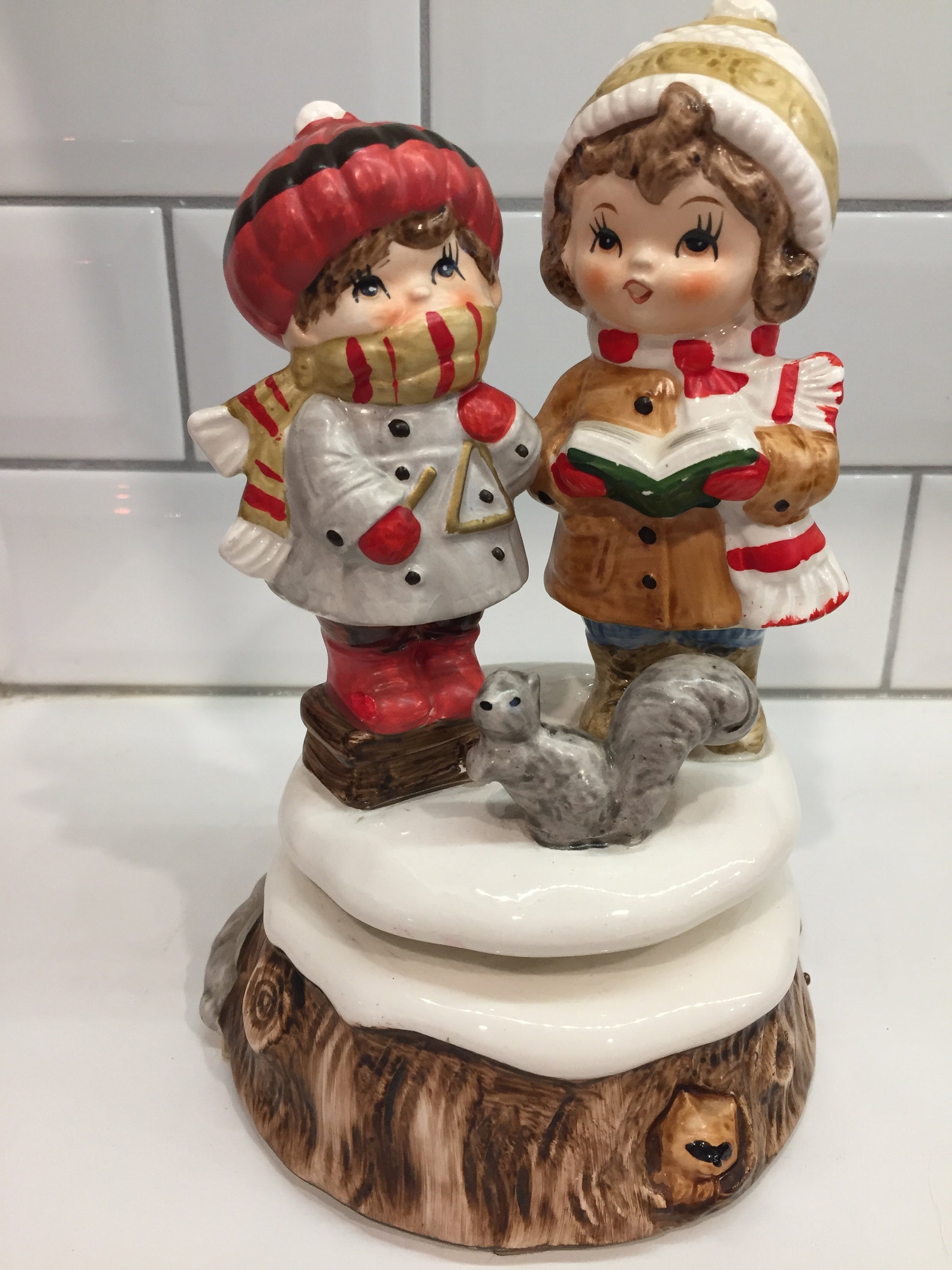 Vintage Lefton Music Box Christmas Carolers With Squirrel Vintage Plays ...