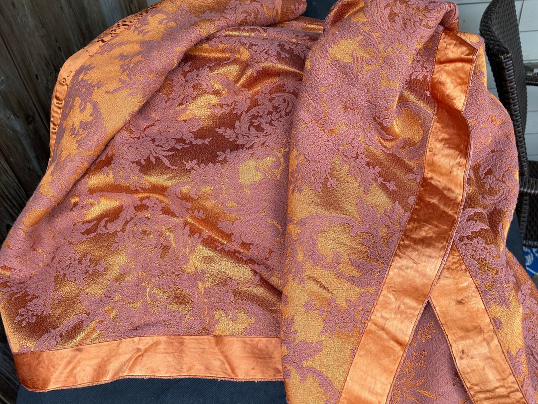 Vintage Golden Burnt Orange Damask Silk Square Cloth Shawl Antique ...