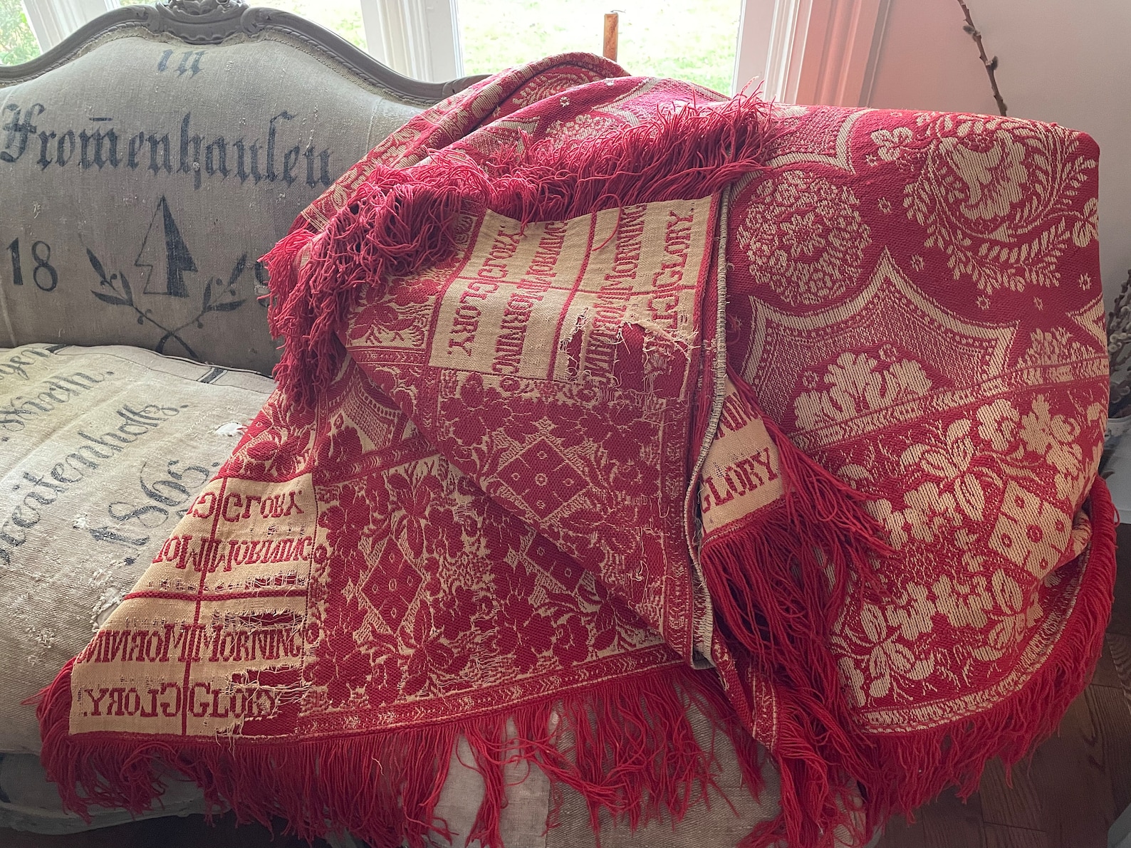 Antique Woven Wool Blanket Colonial Era Morning Glory Primitive ...