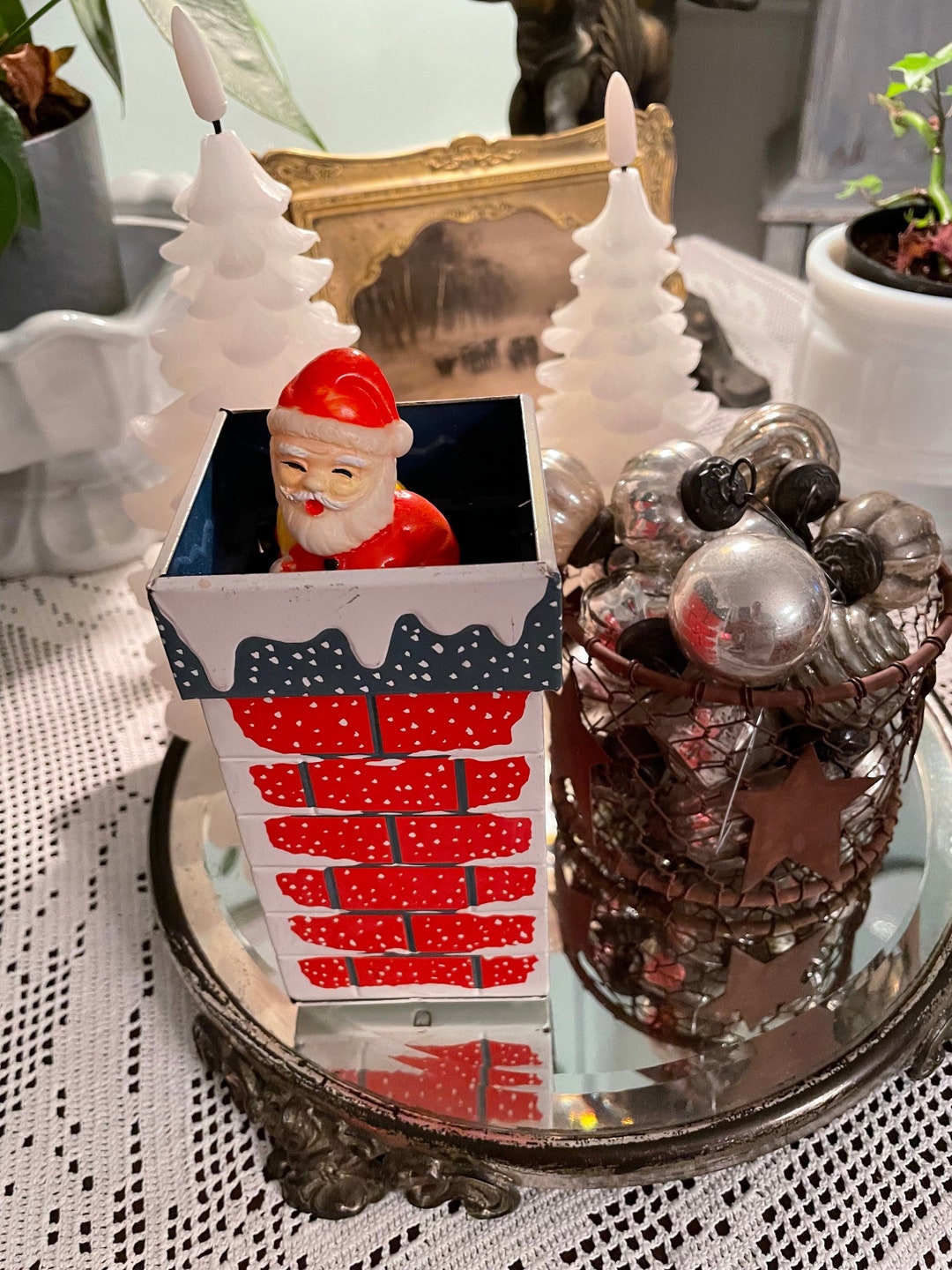 Vintage Tin Litho Wind up Santa Claus in Chimney Mechanical Wolma Toy ...