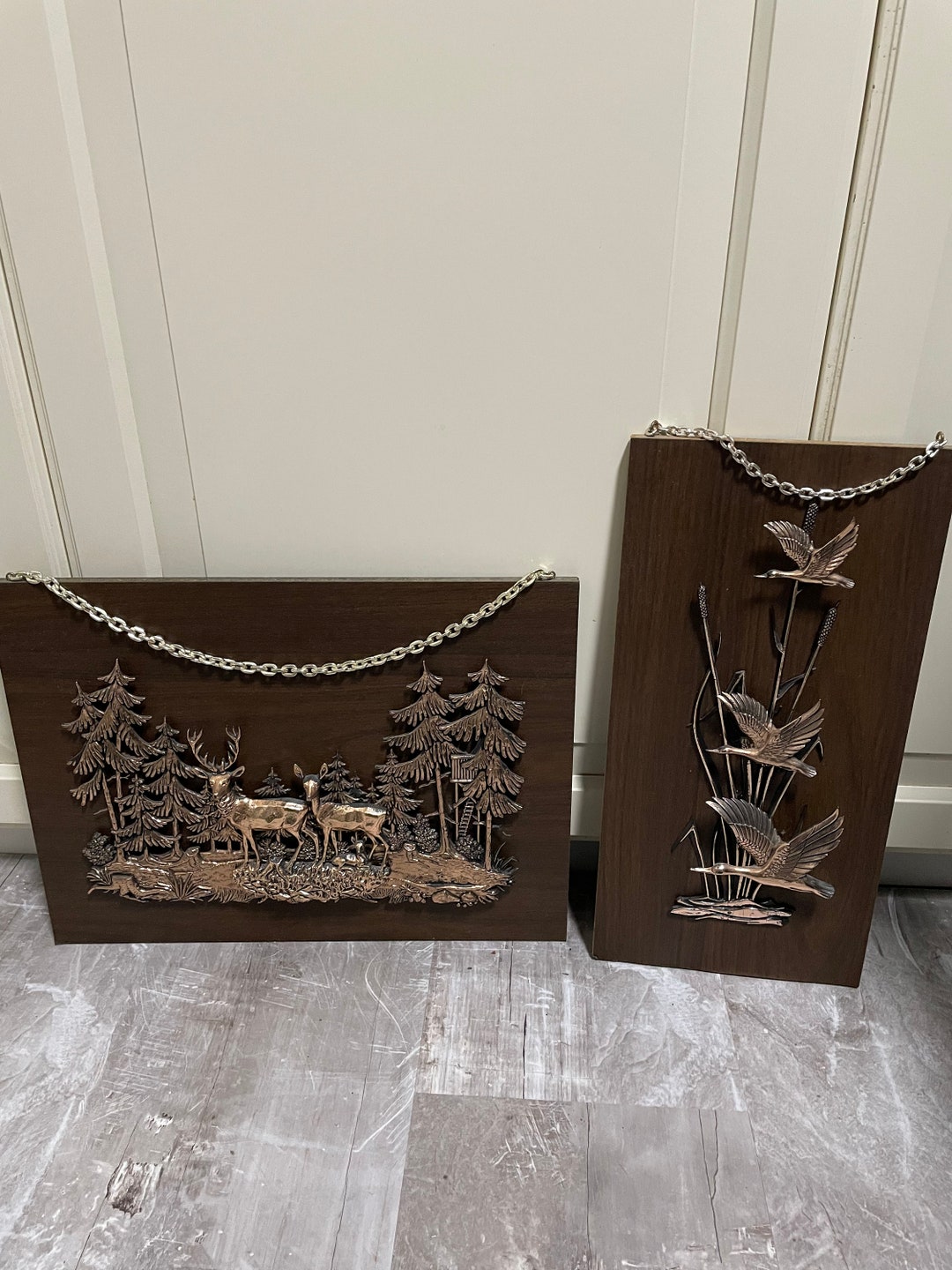 Midcentury Modern Geese and Deer Wall Plaques on Wood Paneling and ...