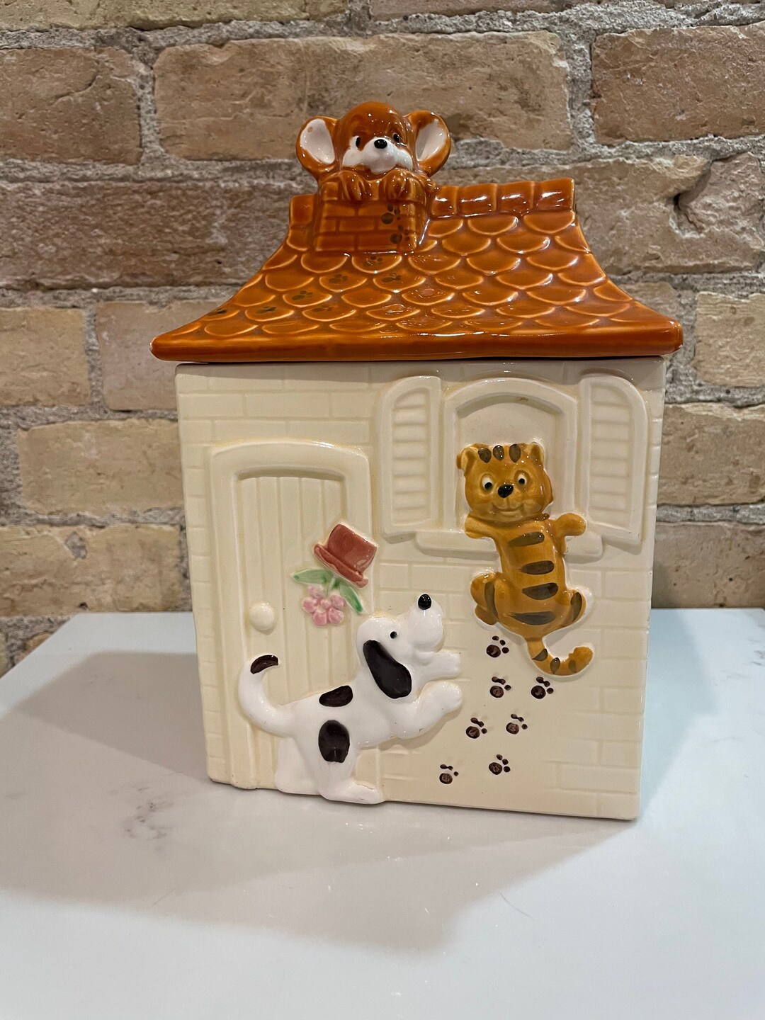 Vintage Cookie Jar Dog Chases Cat , Cat Chases Mouse House 1970s - Etsy